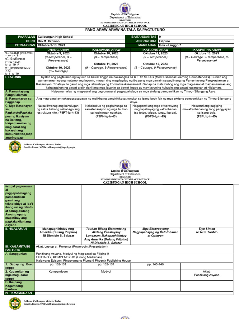DLL Filipino 9 - Week 7 | PDF