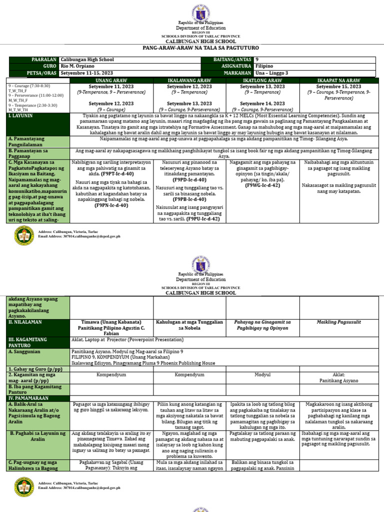 DLL Filipino 9 - Week 3 | PDF