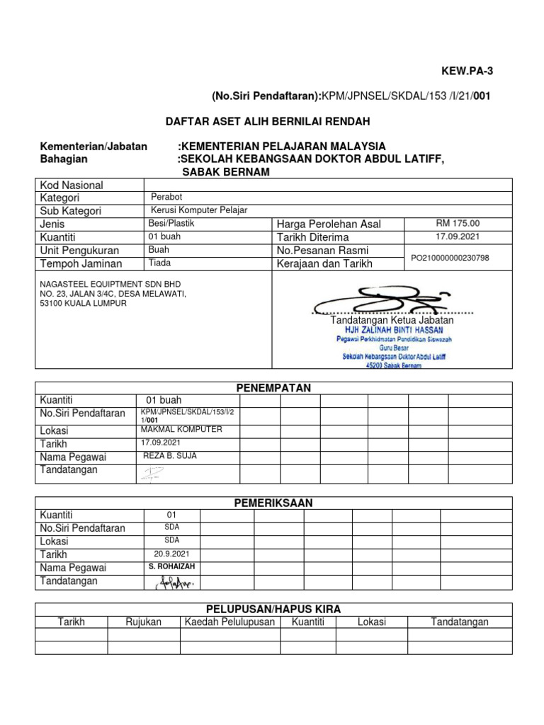 Rekod Harta Modal & Aset Terkini (Kerusi Makmal Komputer) 2021 | PDF