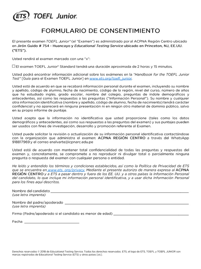 Formulario de Consentimiento Toefl Junior | PDF