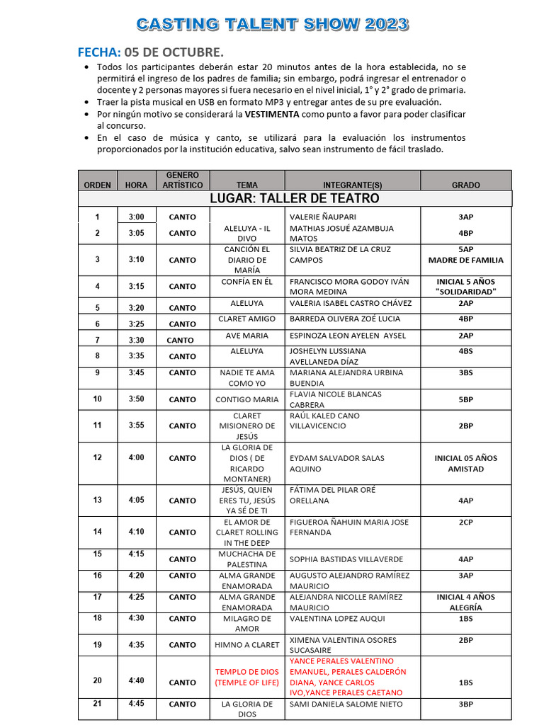 Cronograma Casting Show de Talentos 2023 2 | PDF