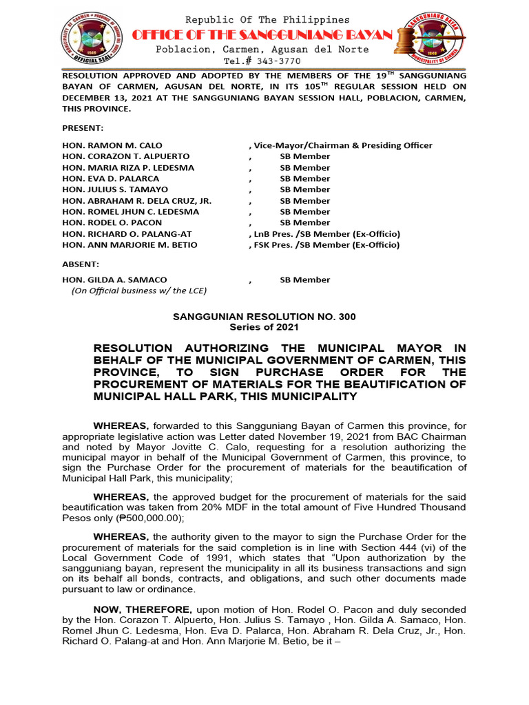 SANGGUNIAN RESOLUTION NO. 300-2021 | PDF