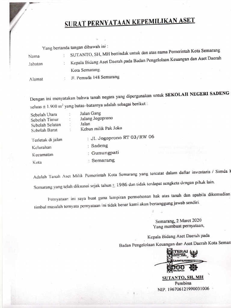 Surat Pernyataan Kepemilikan Aset | PDF
