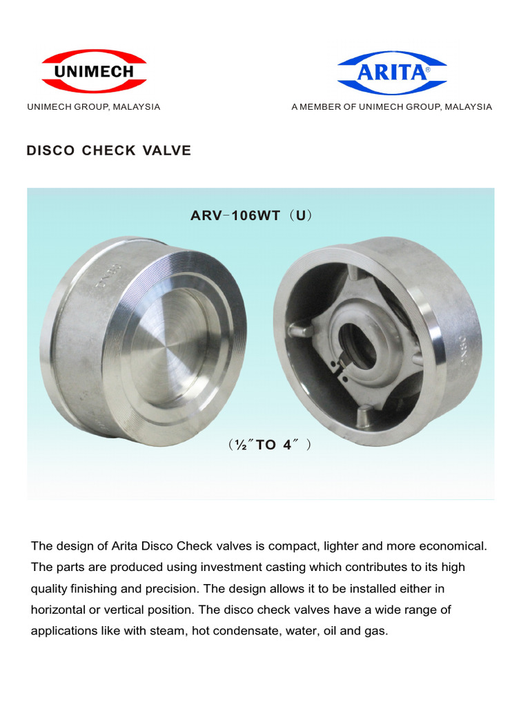 Arita Disco Check Valve Specifications | PDF | Valve | Pressure