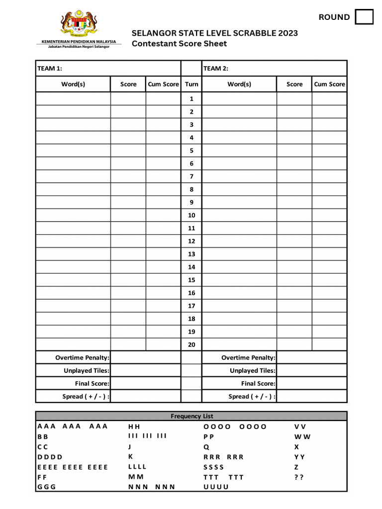 Selangor Scrabble 2023 Score Sheets | PDF | Sports & Recreation