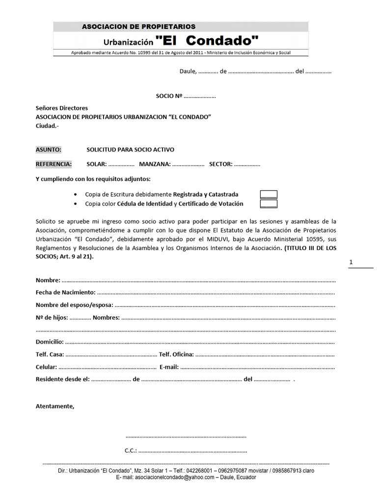 Solicitud para Socio Miduvi | PDF