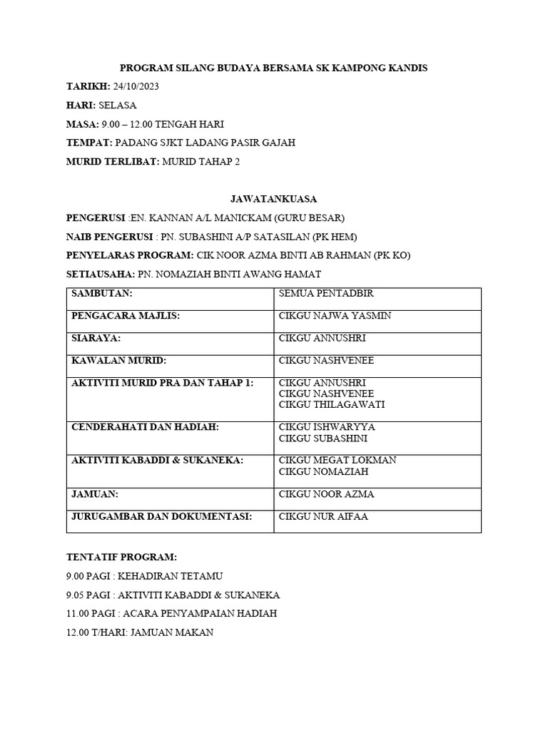 Program Silang Budaya Bersama SK Kampong Kandis | PDF