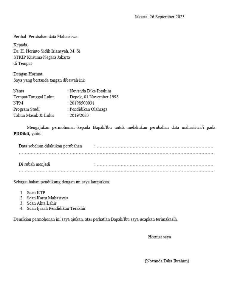 Surat Permohonan Perubahan Data PDDikti 1 | PDF