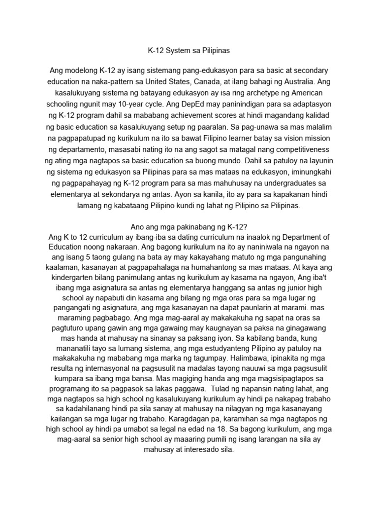 K 12 System In The Philippines PDF