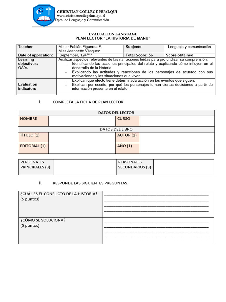 4º Ficha Plan Lector - La Historia de Manu | PDF | Cognición