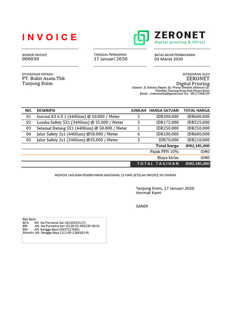 Invoice Pembayaran PT. Bukit Asam Tbk | PDF