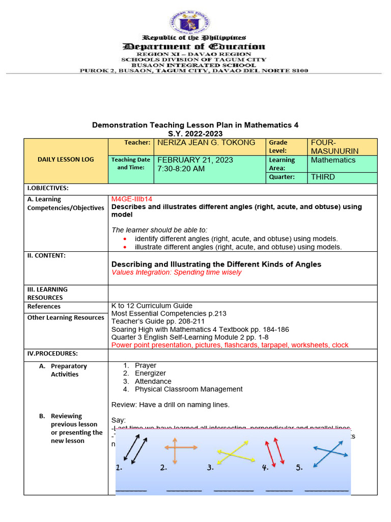COT1Demonstration Teaching-2022-2023 | PDF | Angle | Learning