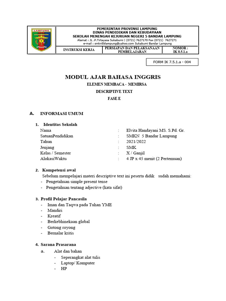 Modul Descriptive Text Elemen Membaca-Memirsa | PDF