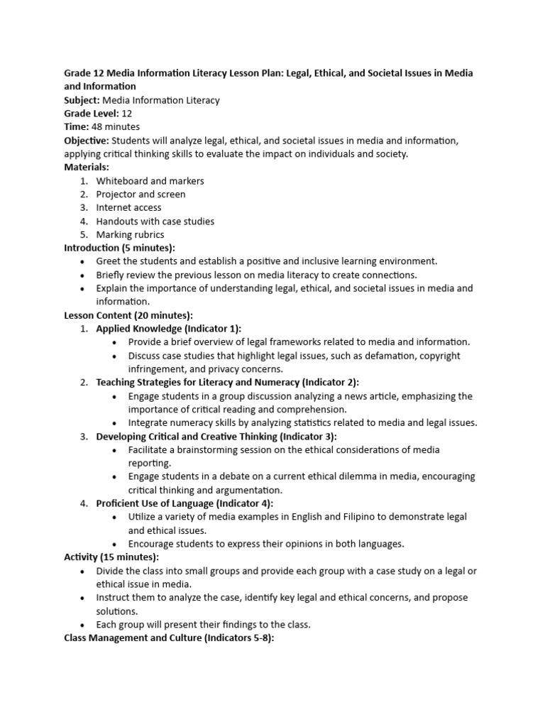 4 - Grade 12 Media Information Literacy Lesson Plan | PDF | Information ...
