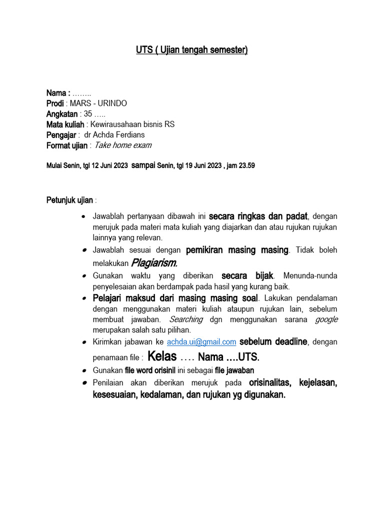 Soal UTS Kelas 35 - Perencanaan Bisnis RS - 20230612 | PDF