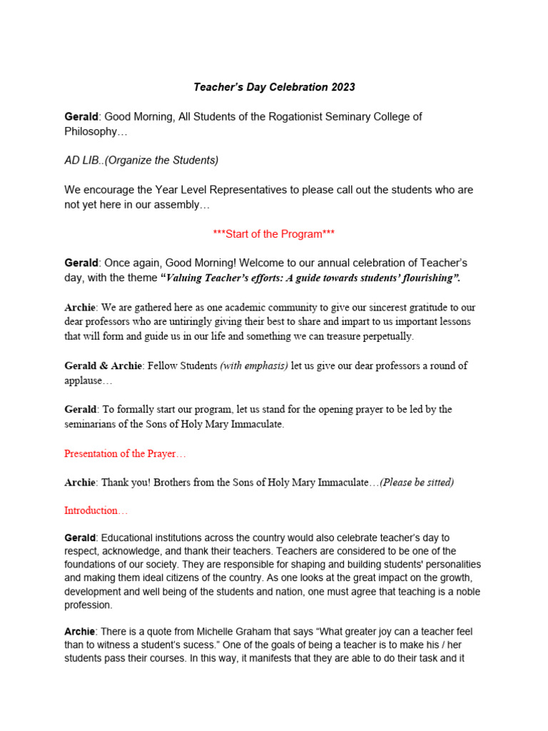 Script For Teacher's Day Celebration 2023 | PDF | Teachers