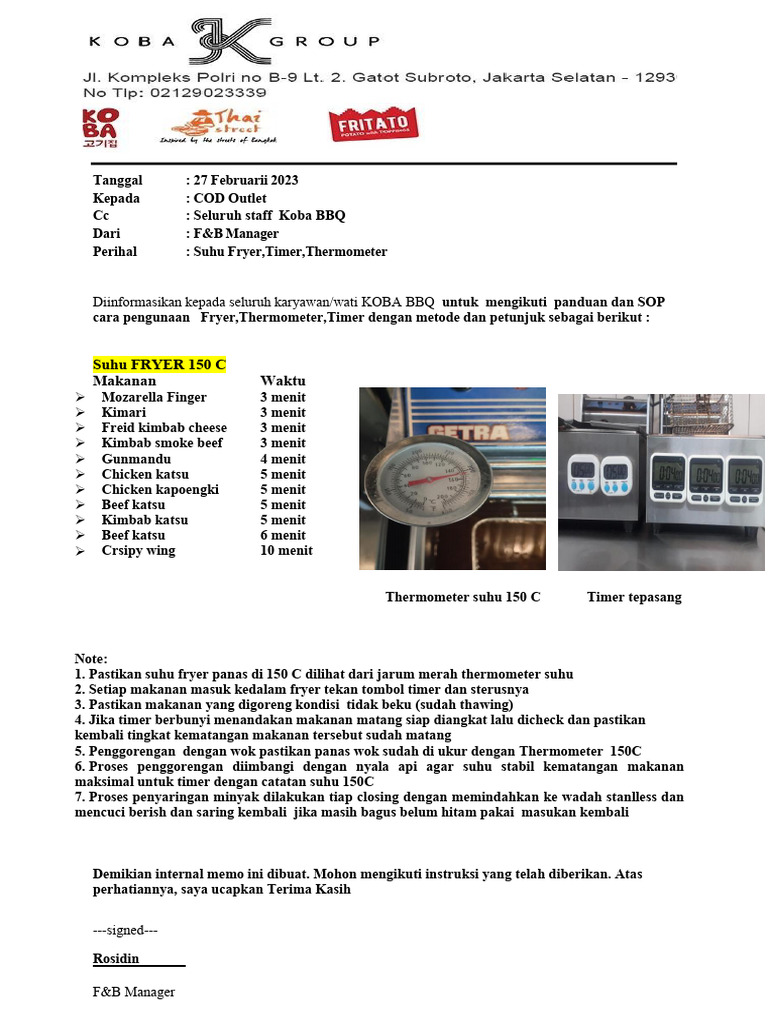 Internal Memo Suhu Fryer Koba Bbq 1 | PDF