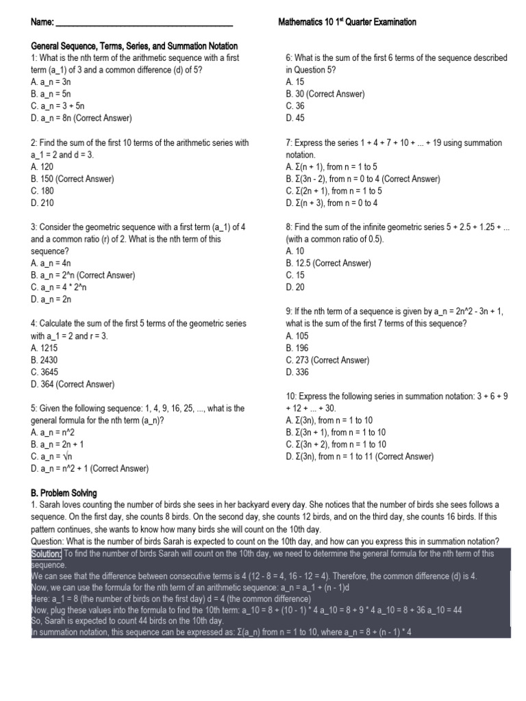 Math 10 1st Quarter Exam Answer Key | PDF