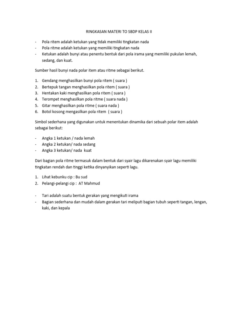 Ringkasan Materi To SBDP Kelas Ii | PDF