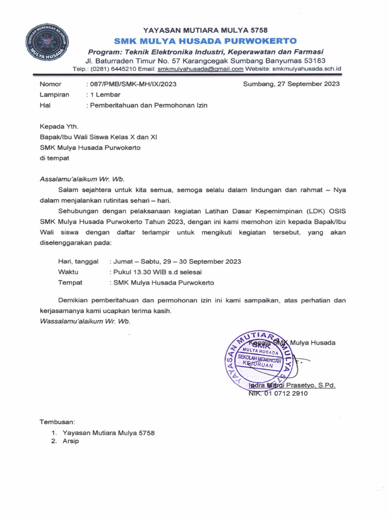 087 Surat Pemberitahuan Dan Permohonan Izin LDK Osis 2023 | PDF