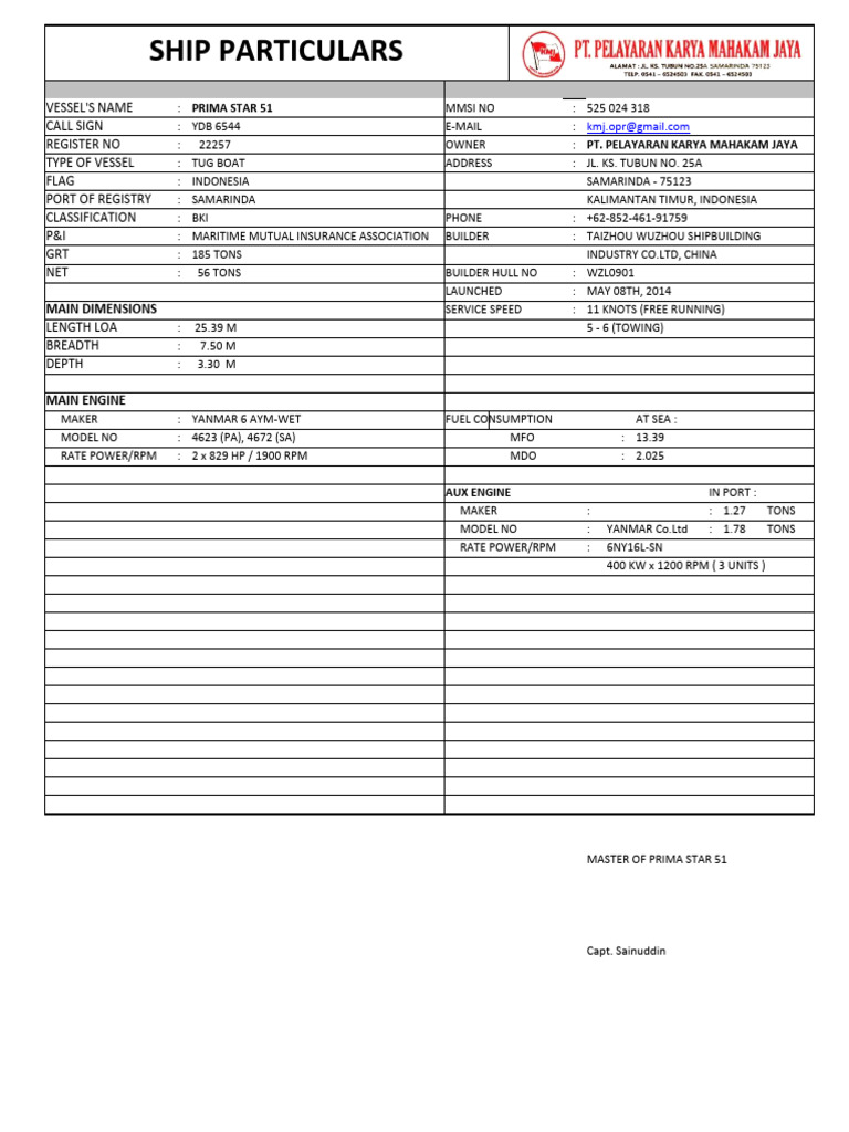 Ship Particulars Tb. Prima Star 51 | PDF | Shipping | Ships