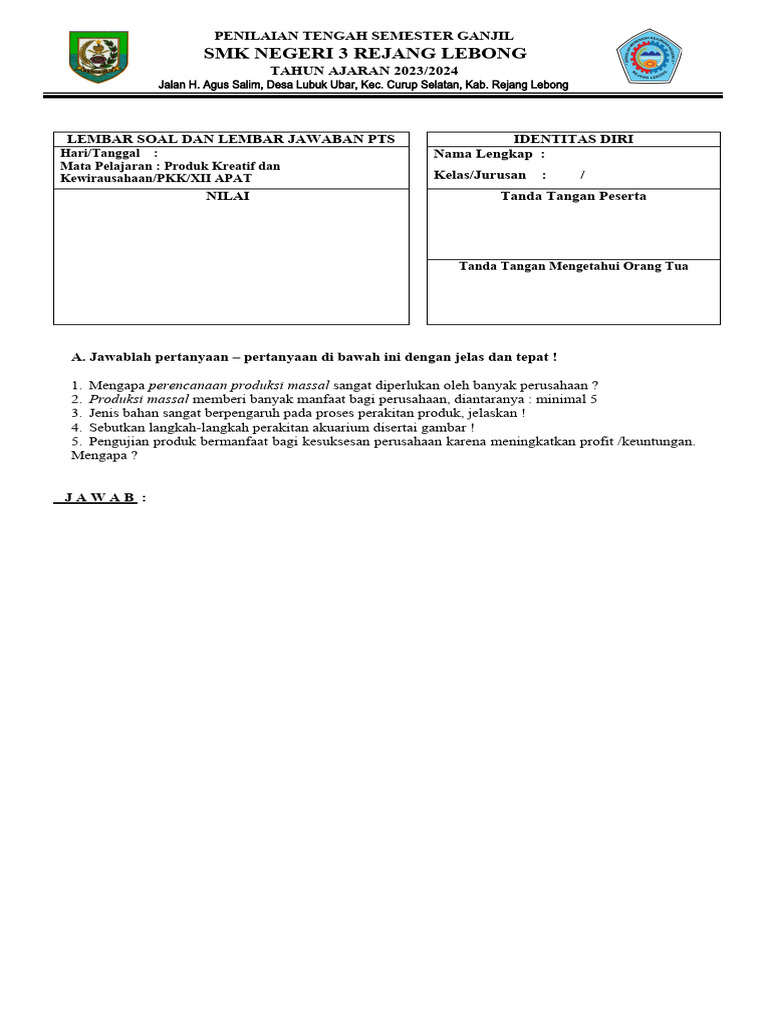 Format Soal PTS 2023 | PDF