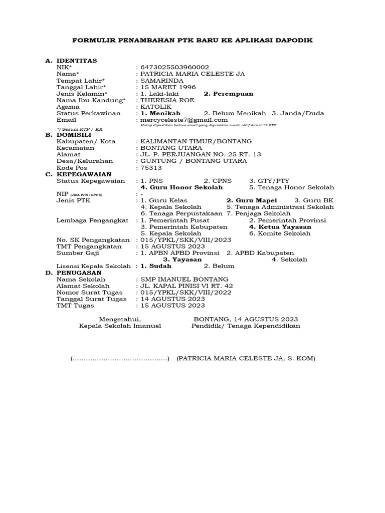 FORMULIR PENAMBAHAN PTK BARU KE APLIKASI DAPODIK PAT4RICIA MARIA | PDF