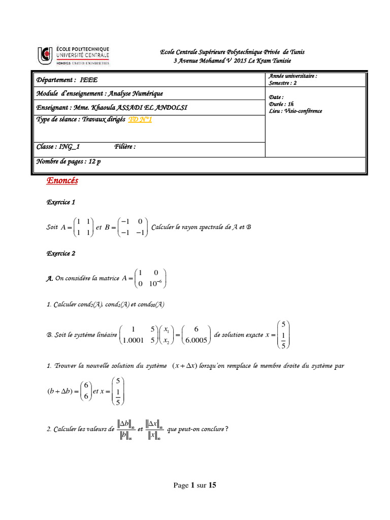 TD1 An | PDF | Matrice (Mathématiques) | Algèbre
