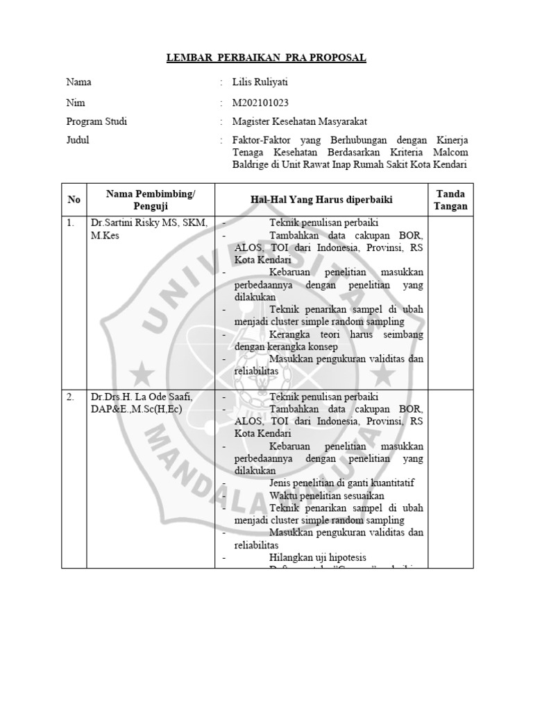 Lembar Perbaikan Pra Proposal | PDF