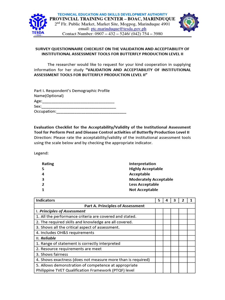 Survey Questionnaire Checklist On The Validation and Acceptability of ...
