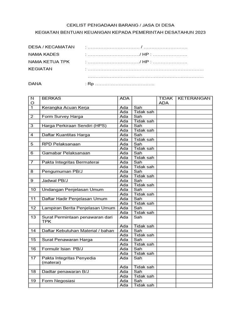 CEKLIST PENGADAAN BARANG | PDF
