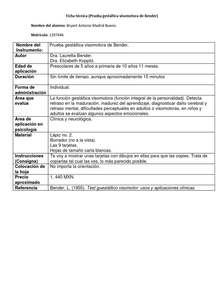 Ficha técnica Bender | PDF