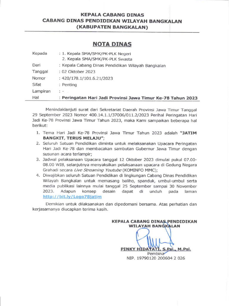Nota Dinas Peringatan Hari Jadi Pemprov Jatim Ke 78 Fix (1) | PDF