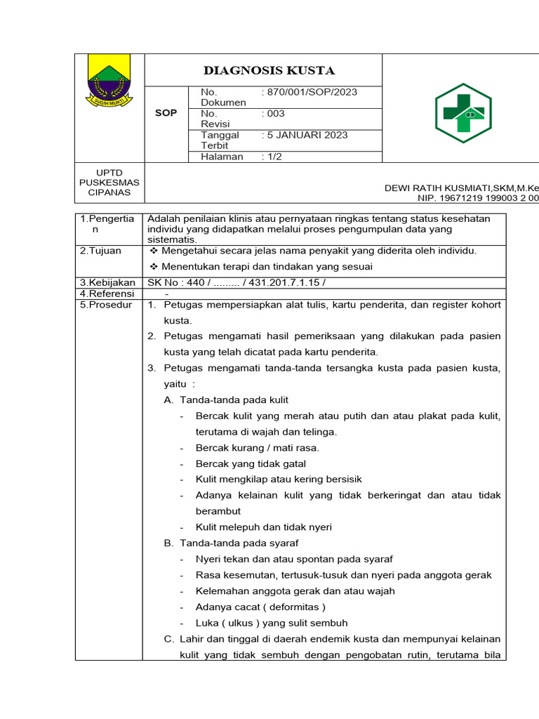 Sop Kusta - Diagnosis Kusta F | PDF | Sains & Matematika