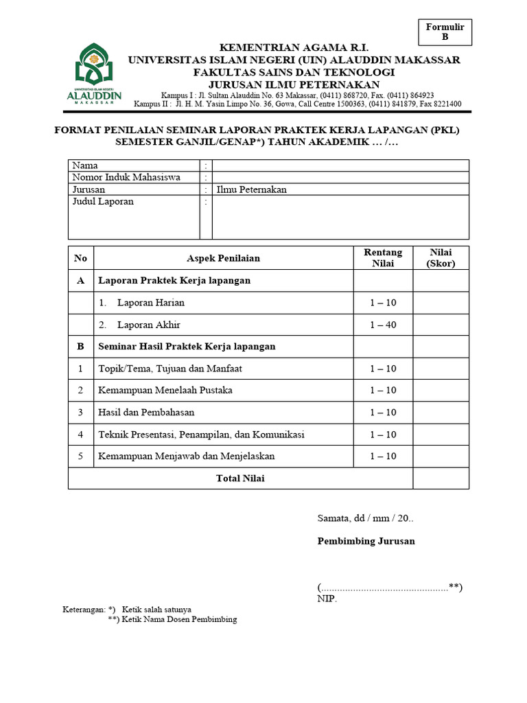 Format Penilaian Seminar PKL | PDF