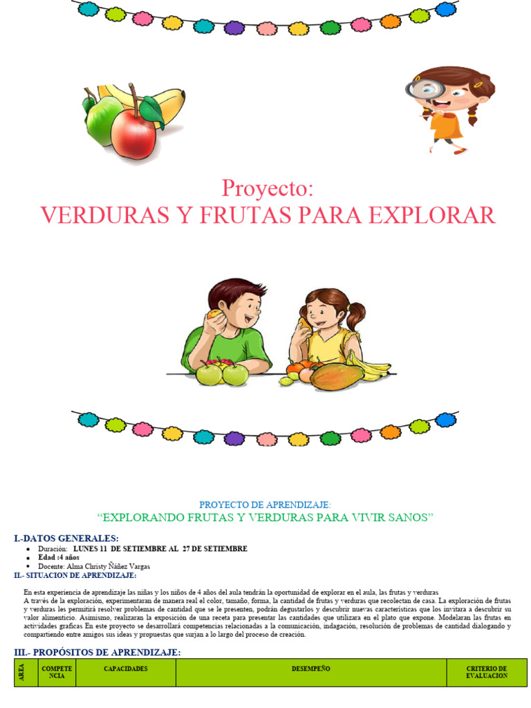 PROYECTO 5 AÑOS FRUTAS Y VERDURAS PARA EXPLORAR | PDF | Aprendizaje | Información