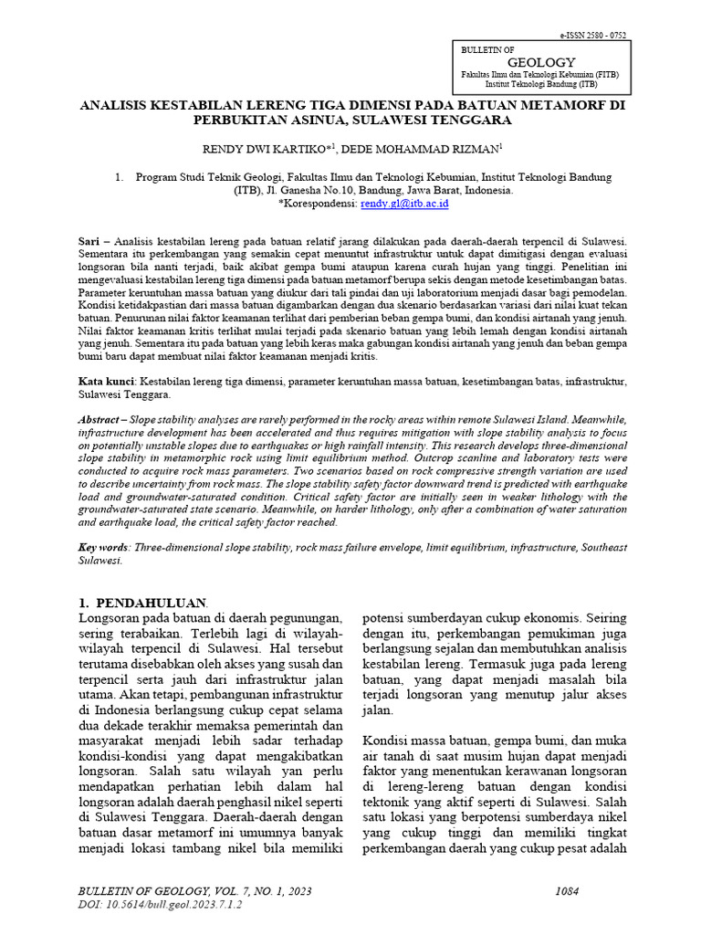(Kartiko Dan Rizman, 2021) ANALISIS KESTABILAN LERENG TIGA DIMENSI PADA BATUAN METAMORF DI | PDF