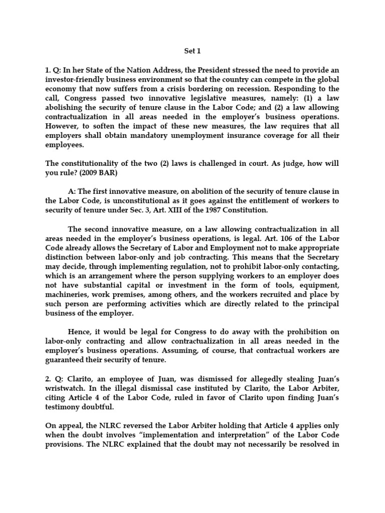 Labor Law Q and A Set 1 | PDF | Law