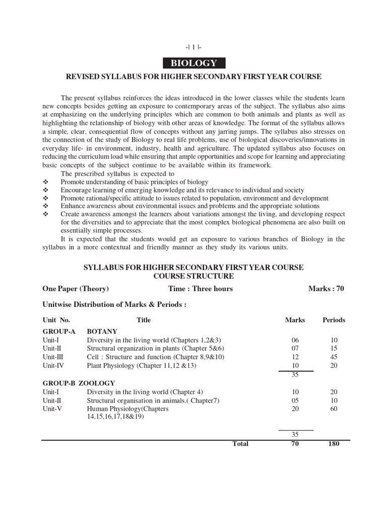 Biology: Revised Syllabus For Higher Secondary First Year Course ...