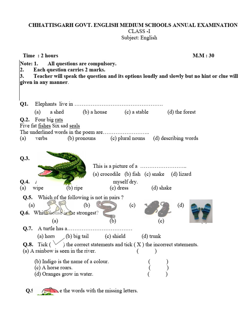 CBSE Class - 1 English Set - 1 Question Paper | PDF | English Language ...