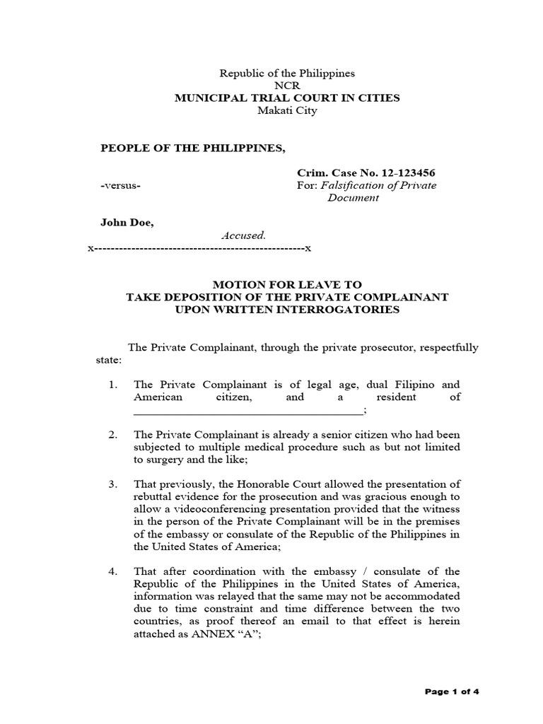 Motion For Deposition | PDF | Deposition (Law) | Evidence