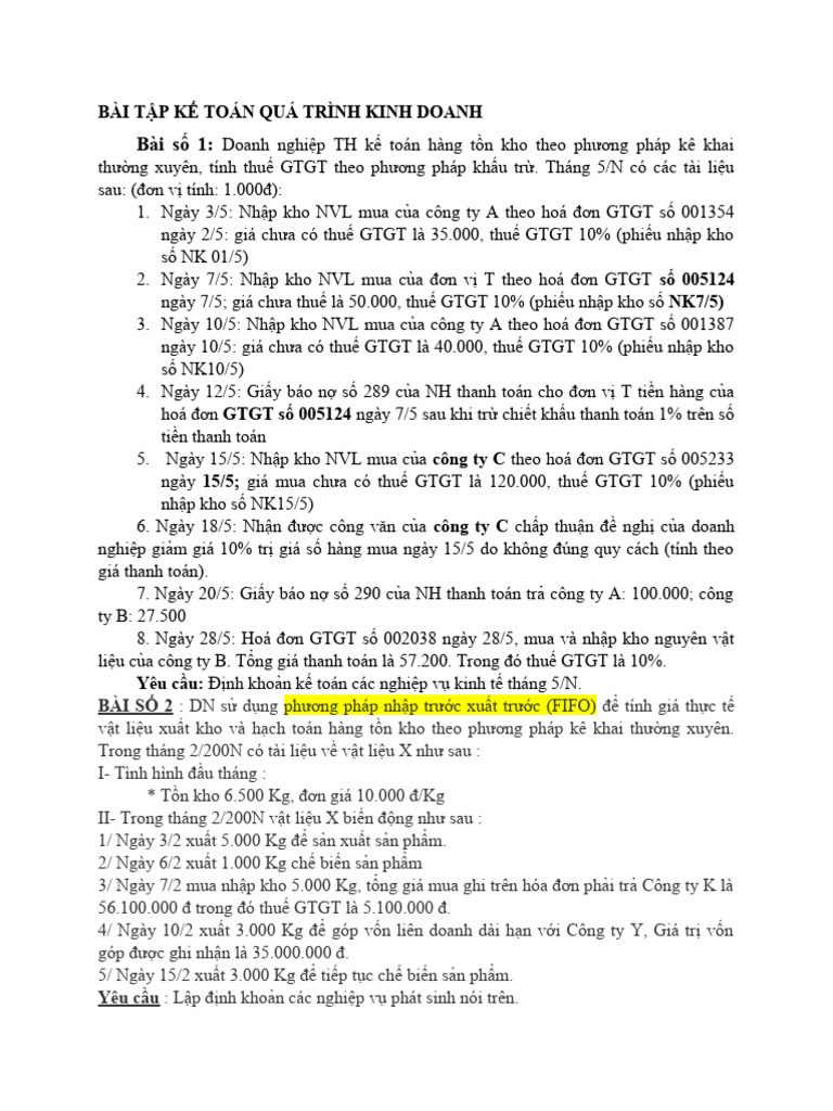 Đề Bt Kế Toán Quá Trình Kinh Doanh | PDF