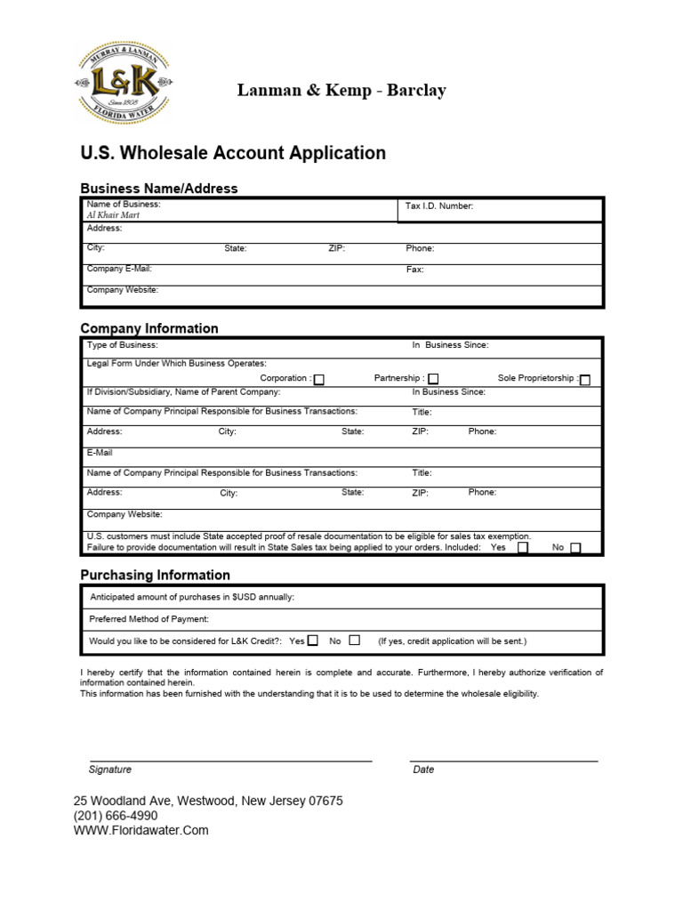 LK Wholesale Customer Application Fillable Form US | PDF