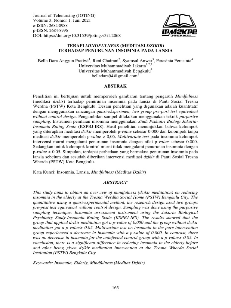 Terapi Mindfulness (Meditasi Dzikir) Terhadap Penurunan Insomnia Pada Lansia | PDF ...