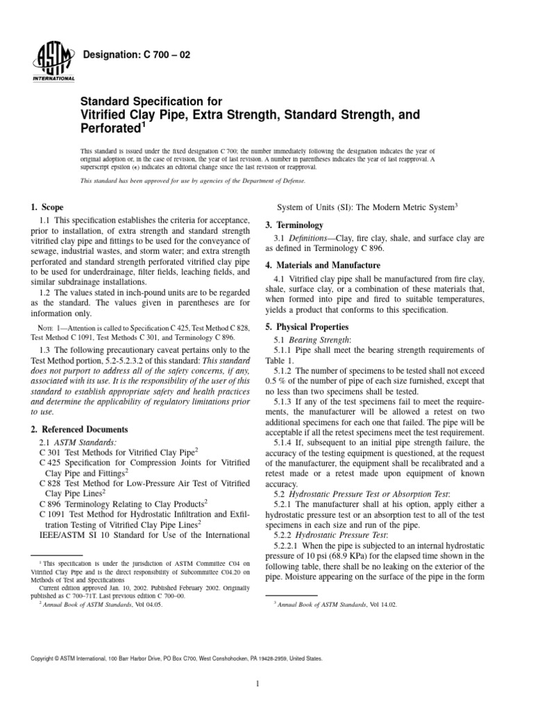 ASTM C-700 Vitrified Clay Pipes | PDF | Pipe (Fluid Conveyance ...