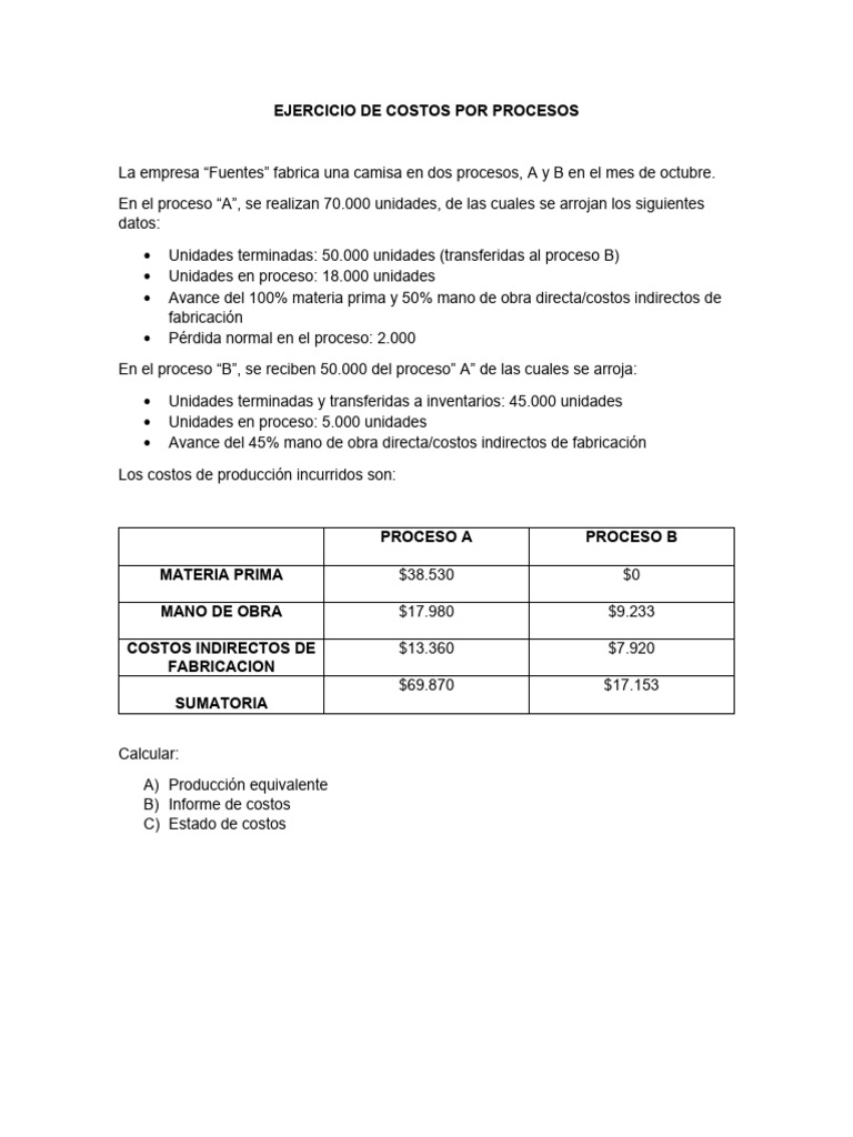 Ejercicio de Costos Por Procesos | PDF