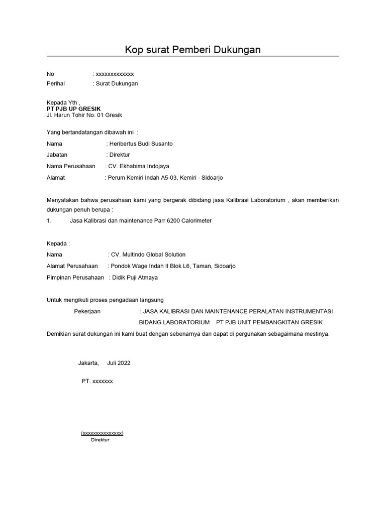 Contoh Format Surat Dukungan Cv Multindo | PDF
