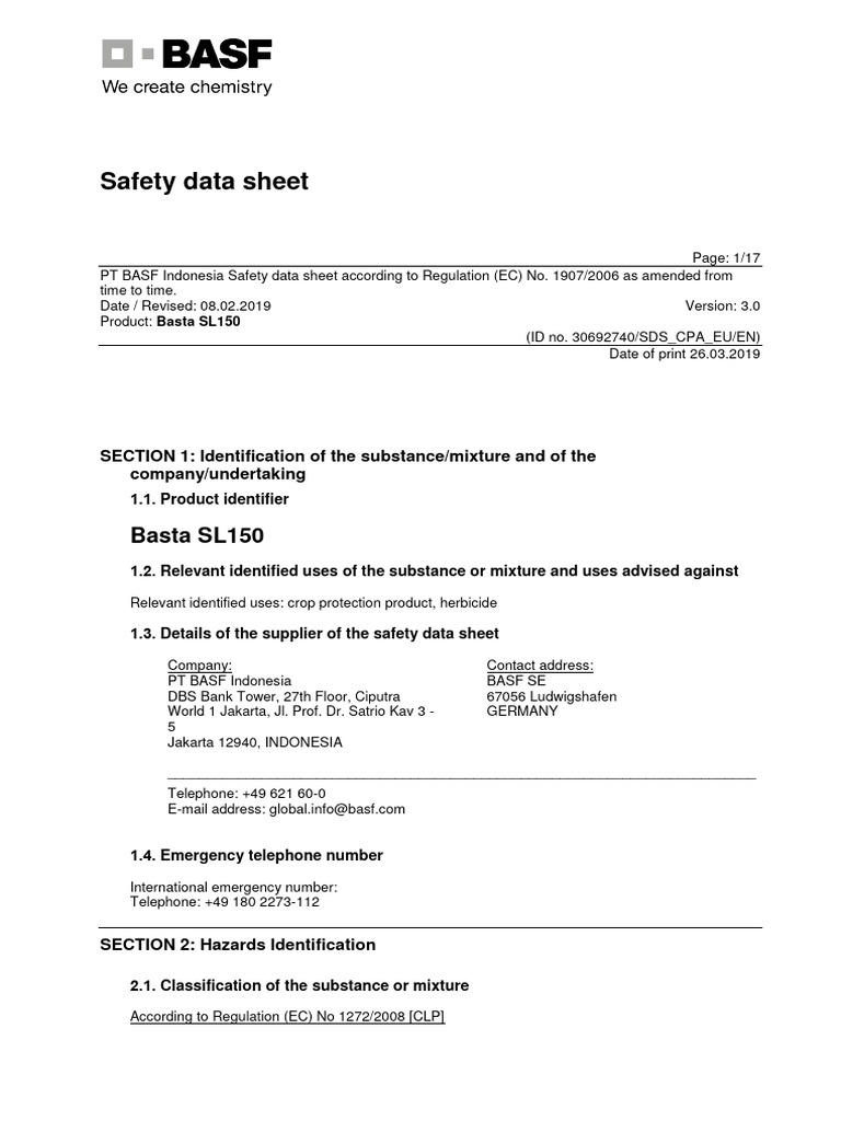 MSDS BASTA - ENG BASF Version (2019) | PDF | Dangerous Goods | Workplace