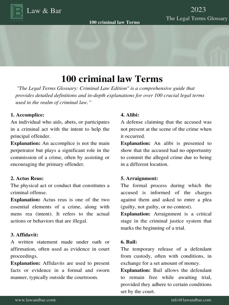 100 Criminal Law Terms PDF Burden Of Proof Law Mens Rea
