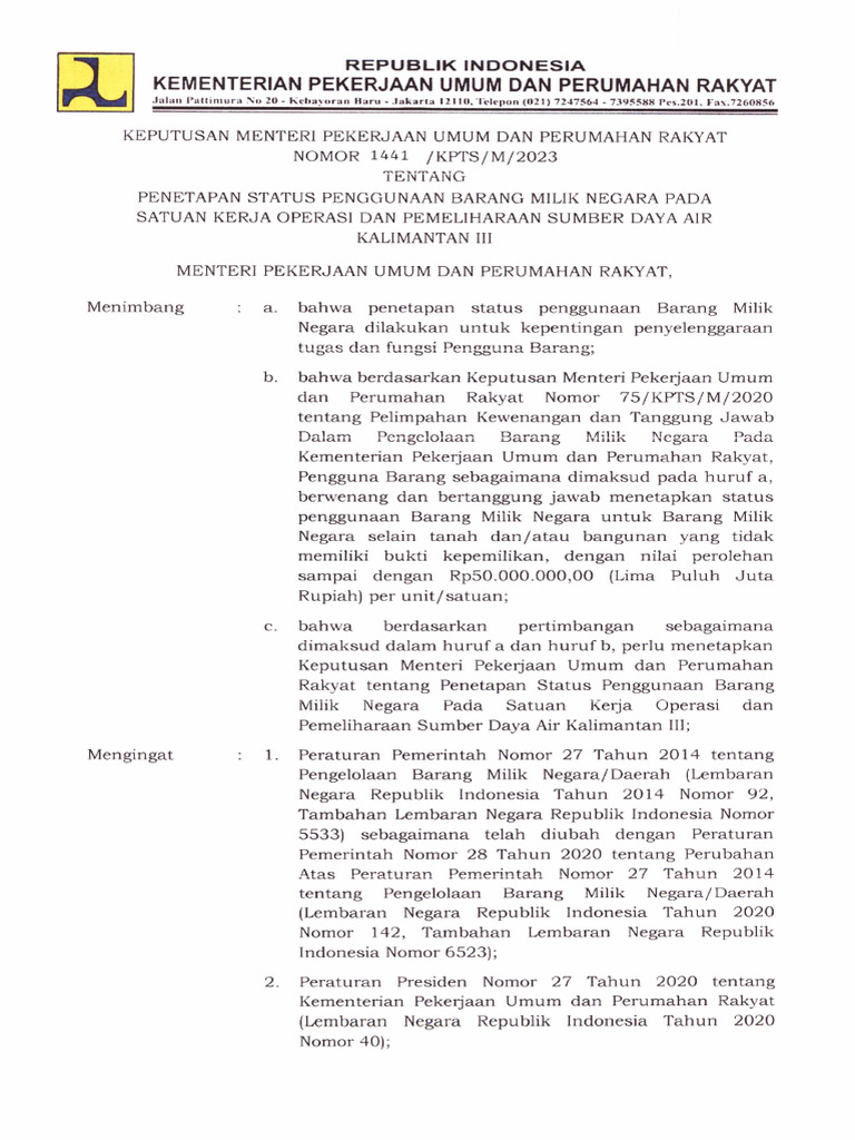 1441.Kpts.m.2023 (Penetapan Status Penggunaan BMN Pada Satuan Kerja ...